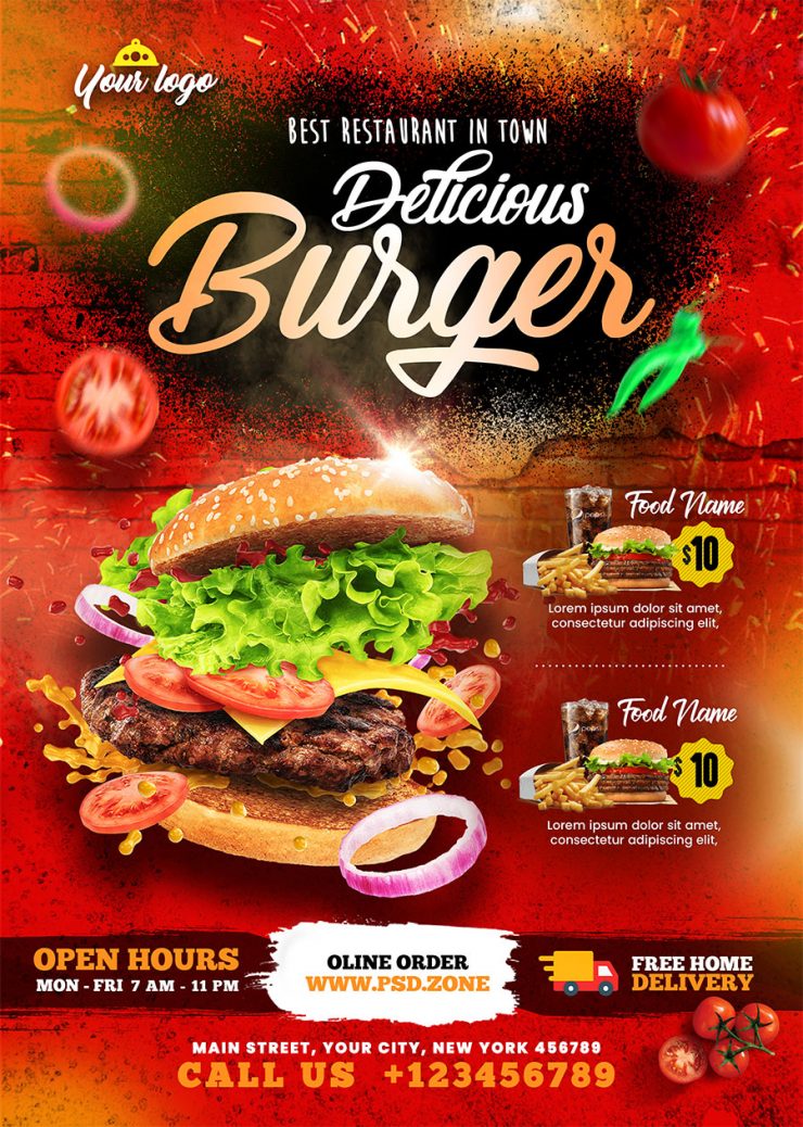 Delicious Burger and Food Menu Flyer PSD Template - PSD Zone Delicious Burger and Food Menu Flyer PSD Template - PSD Zone