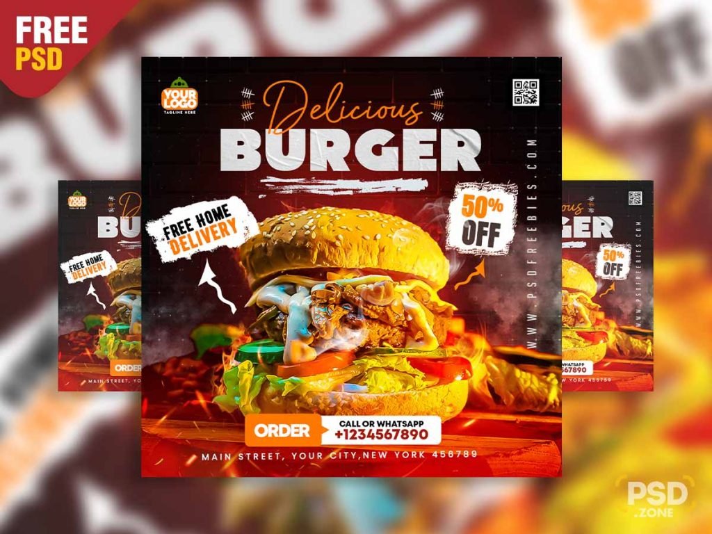 Delicious burger restaurant Instagram post PSD – PSD Zone