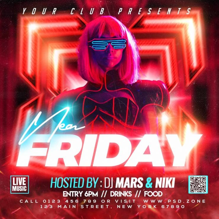 Neon friday party social media post PSD – PSD Zone