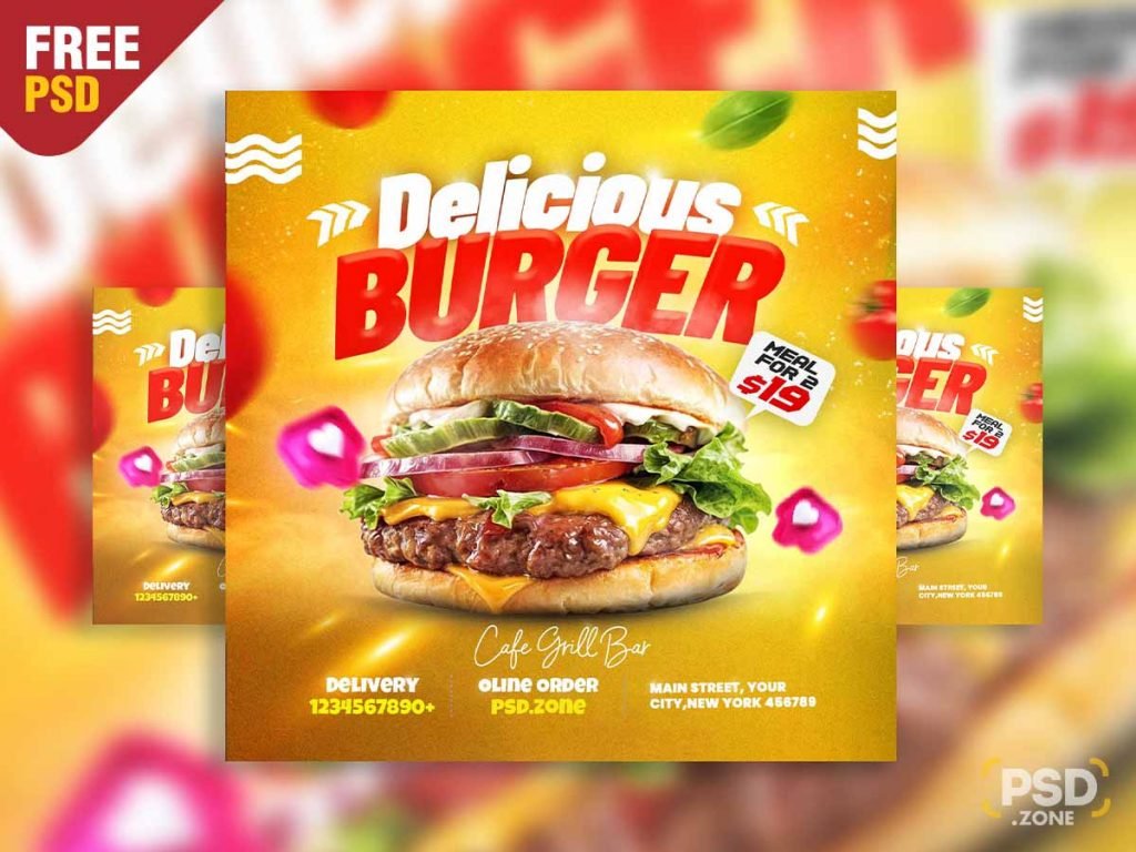Delicious burger restaurant social media post PSD – PSD Zone